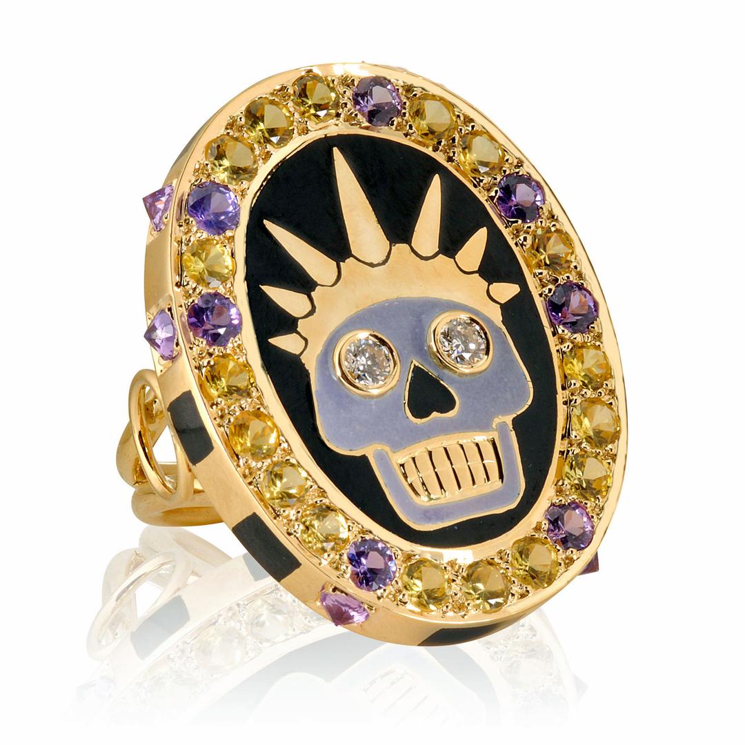 Enamel skull ring in 18ct yellow gold | Holly Dyment | The Jewellery Editor