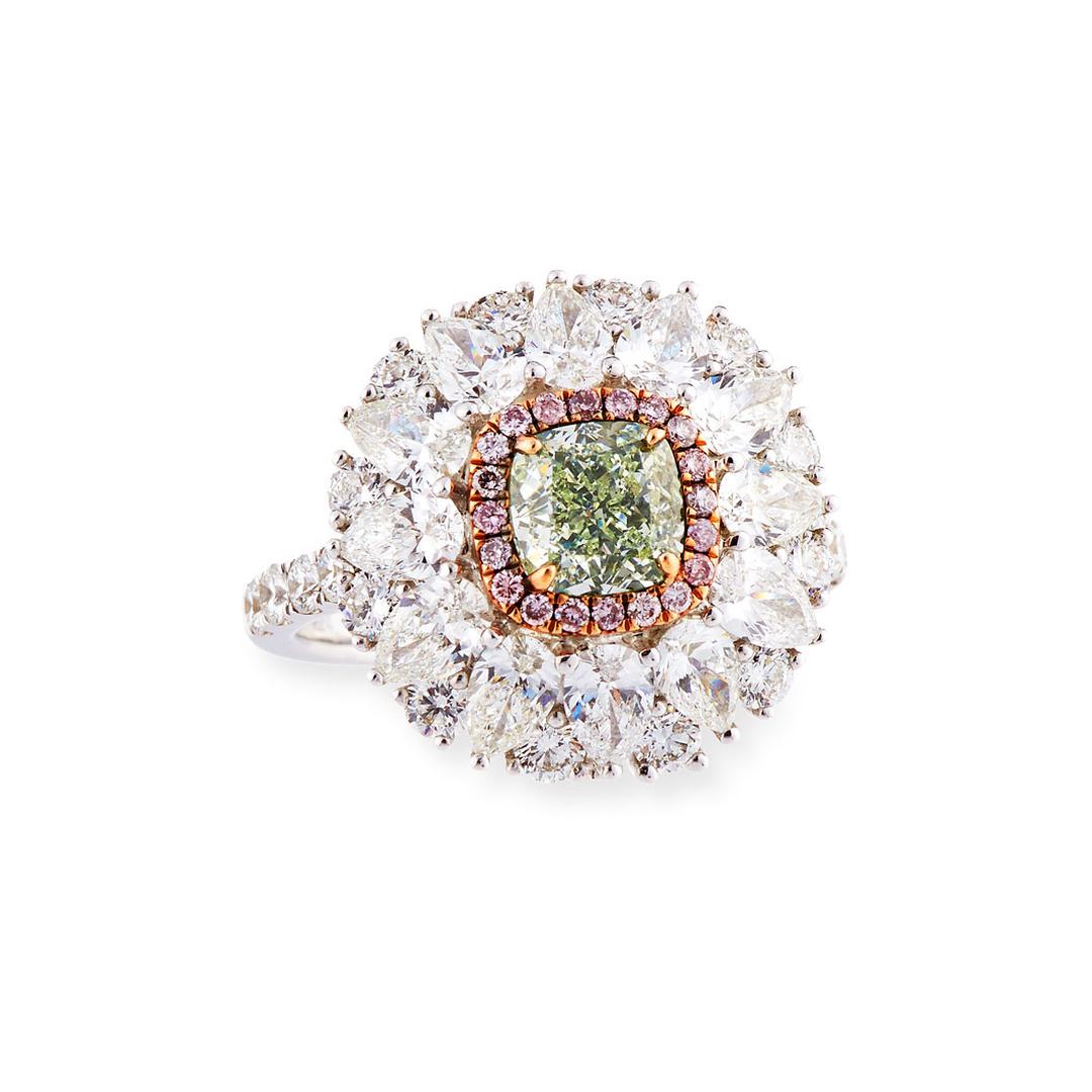 Light green diamond ring with pink and white diamonds | Alexander Laut ...