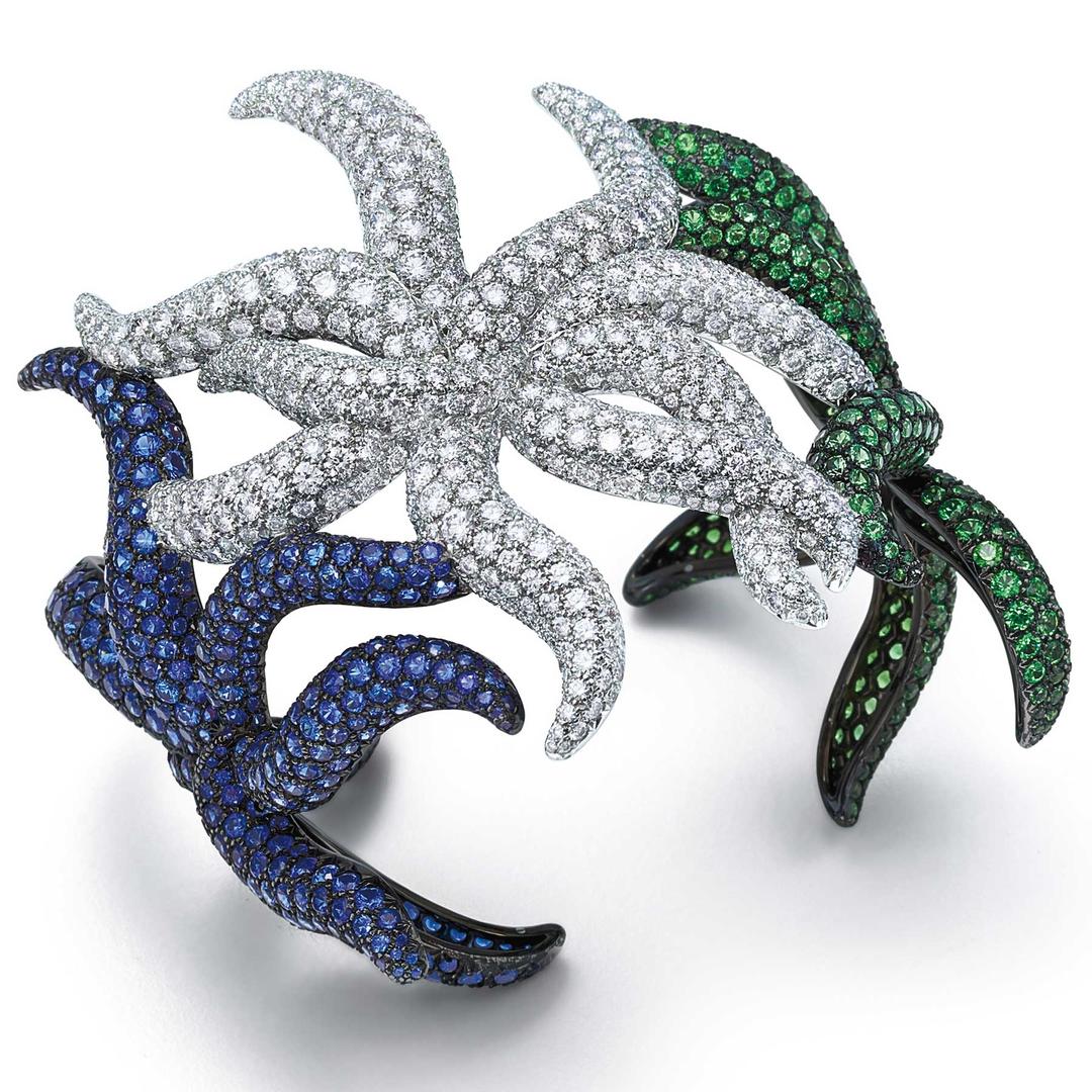 Blue Book Starfish cuff with blue sapphires, diamonds and tsavorites ...
