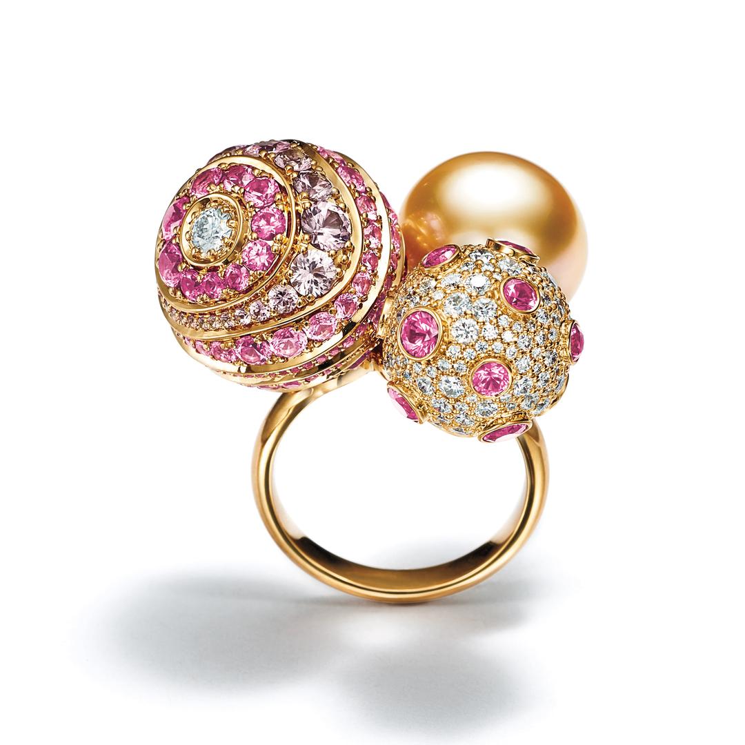 Masterpieces Prism ring with a South Sea pearl, pink sapphires and ...