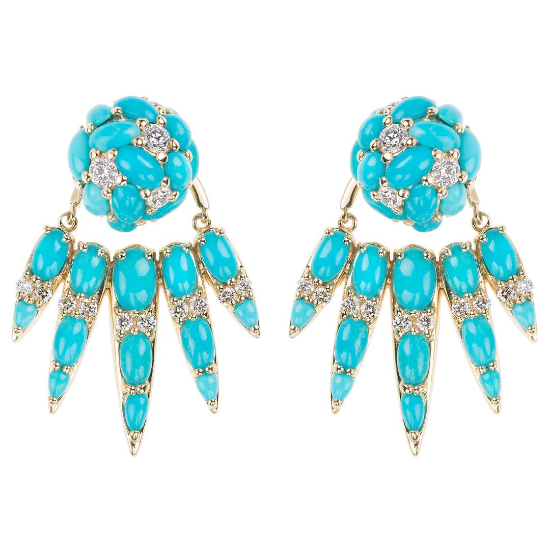 Spectrum turquoise and diamond ear jackets in yellow gold | Nikos ...