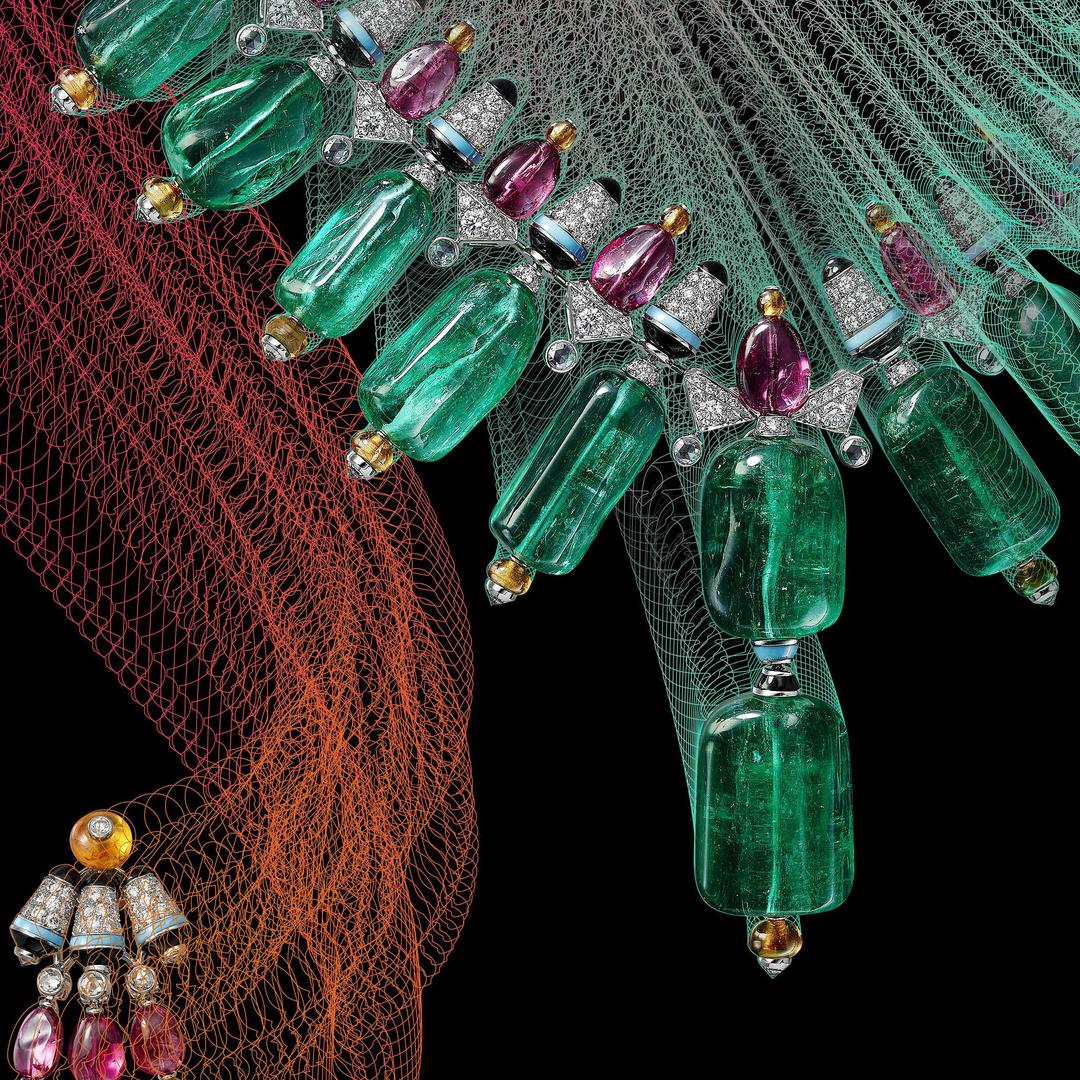 Detail of Cartier Chromaphonia emerald necklace and earrings