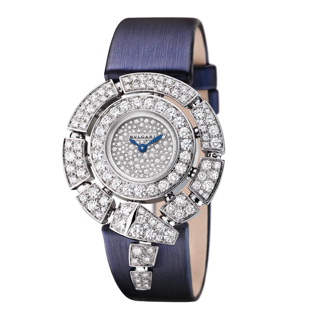 Serpenti Incantati watch with diamonds on a blue satin strap | Bulgari ...