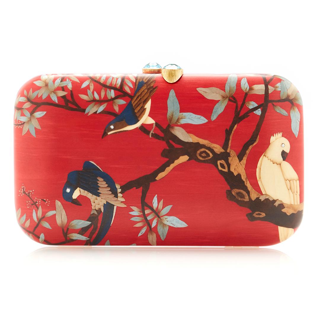 Red wood marquetry bird clutch | Silvia Furmanovich | The Jewellery Editor