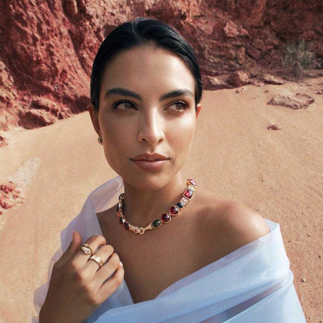 Cabochon Snake necklace with tourmalines on model Azza Fahmy