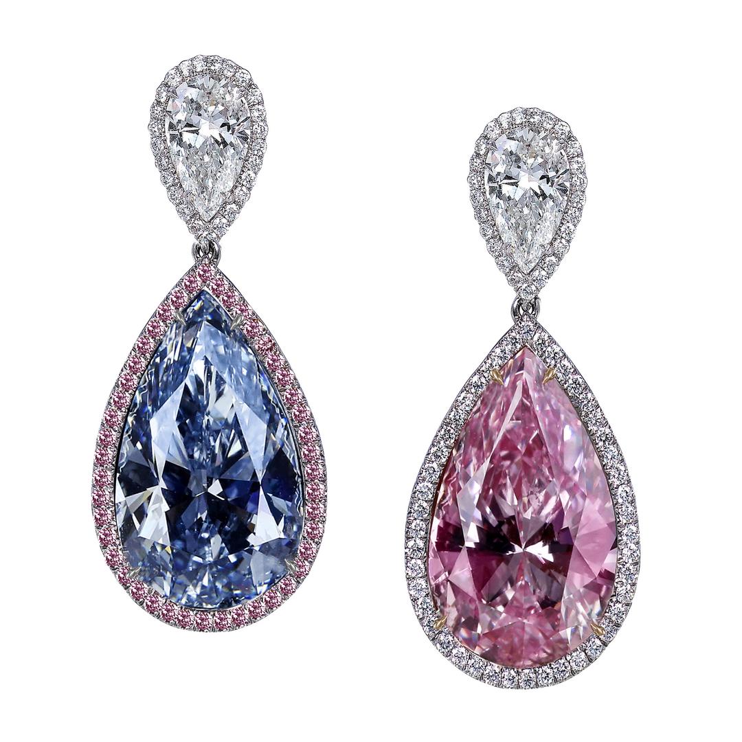 Fancy pink and Fancy light blue diamond earrings | Jacob & Co | The ...