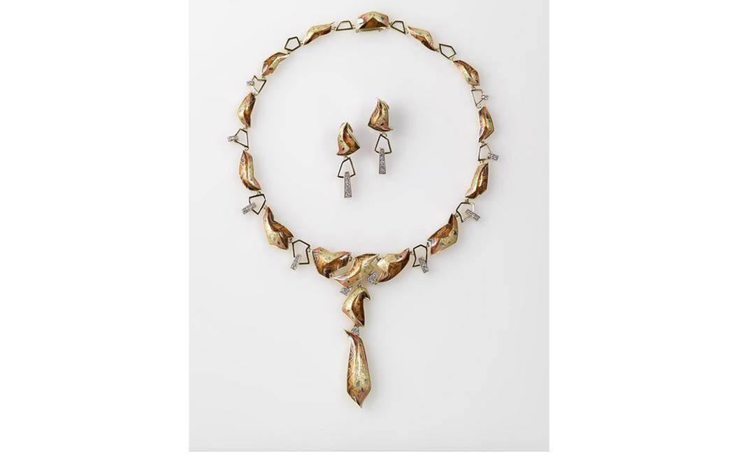 Fred Rich, necklace and earrings, 2009, diamonds, enamel